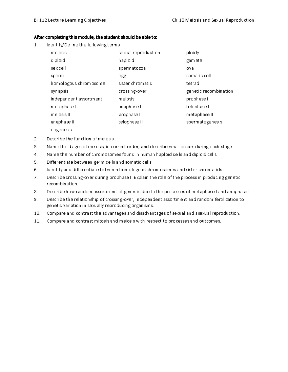 10 - Meiosis and Sexual Reproduction - BI 112 Lecture Learning ...