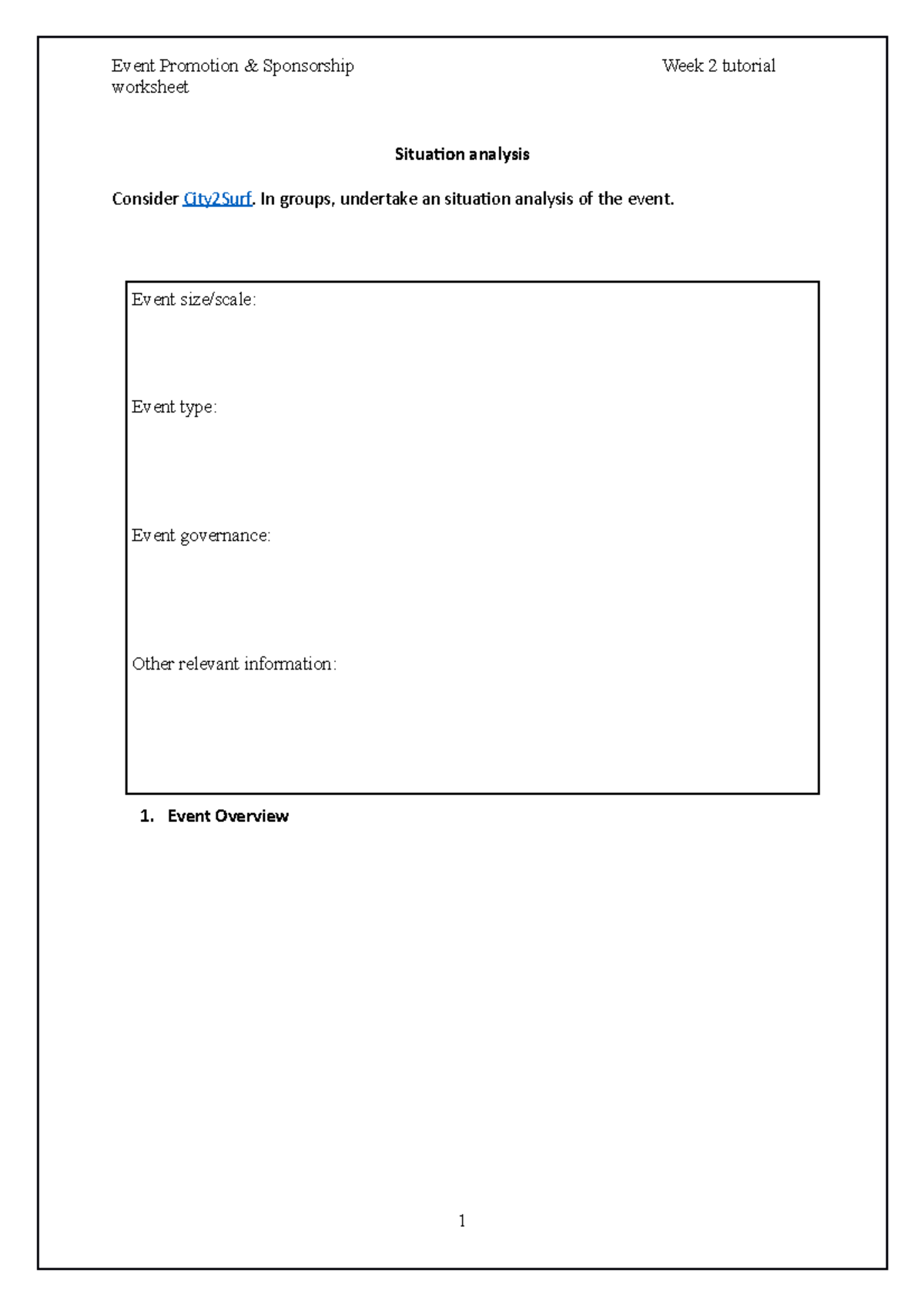 Week 2 tutorial worksheet - Event Promotion & Sponsorship Week 2 ...