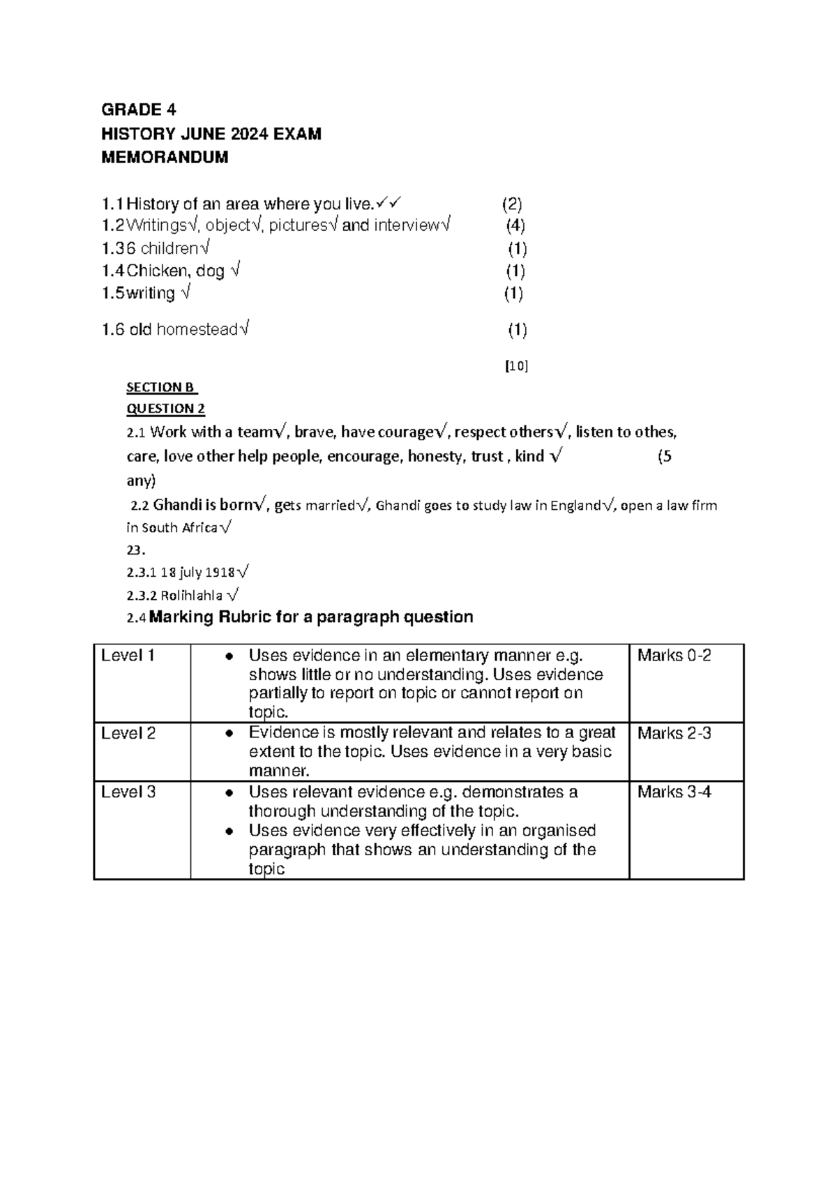 GD 4 - Past papers - GRADE 4 HISTORY JUNE 2024 EXAM MEMORANDUM 1 ...