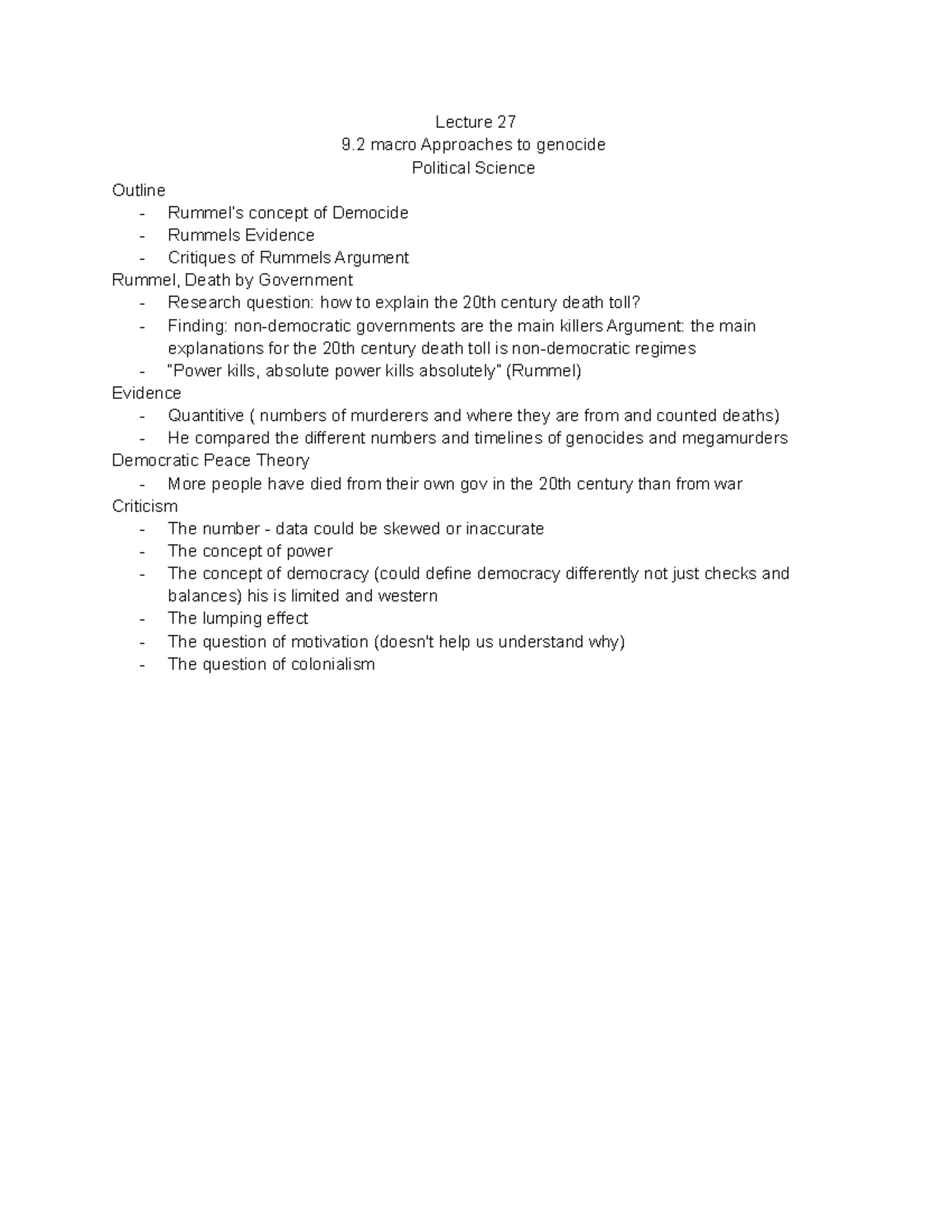 Lecture 27 - notes part 8 - Lecture 27 9 macro Approaches to genocide ...