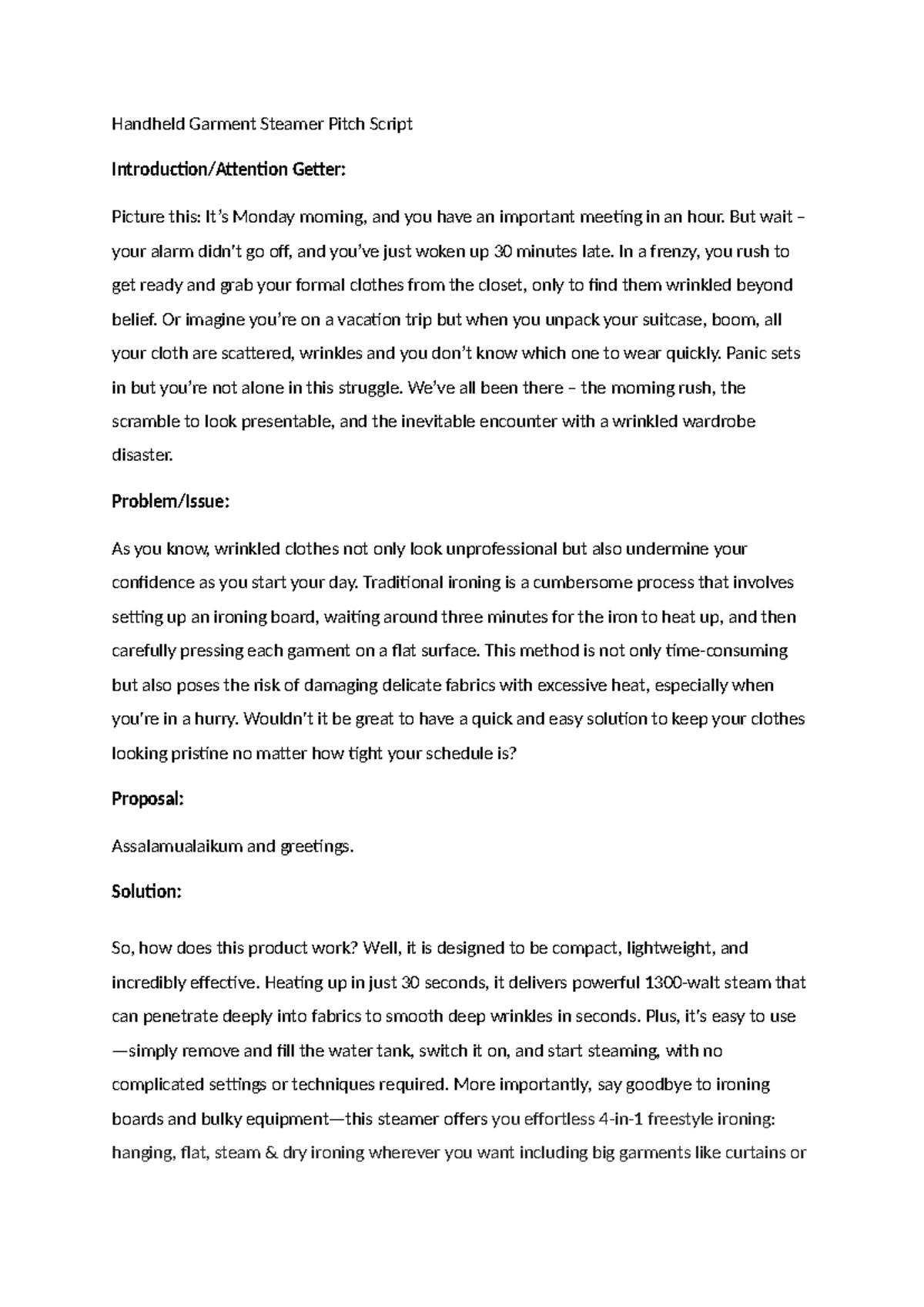 Handheld Garment Steamer Pitch Script - Handheld Garment Steamer Pitch ...