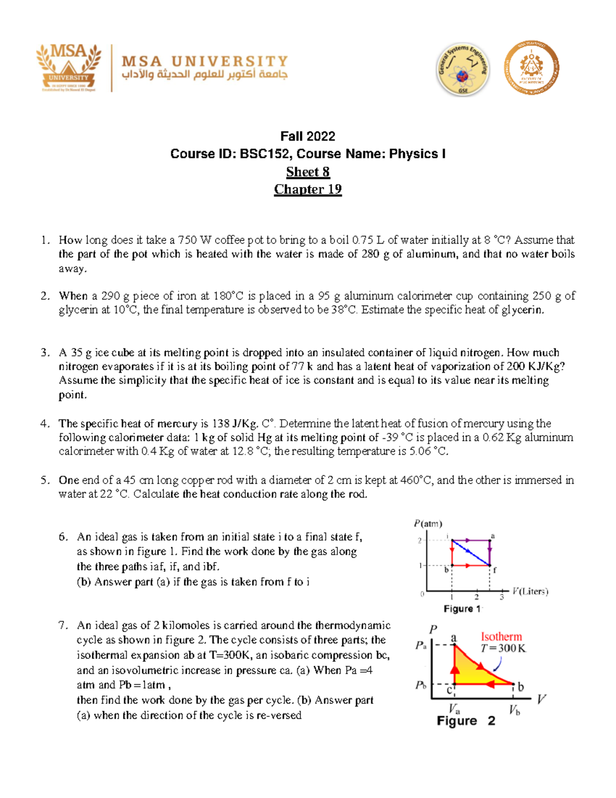 Physics - sheet 8 on heat - Fall 2022 Course ID: BSC152, Course Name ...