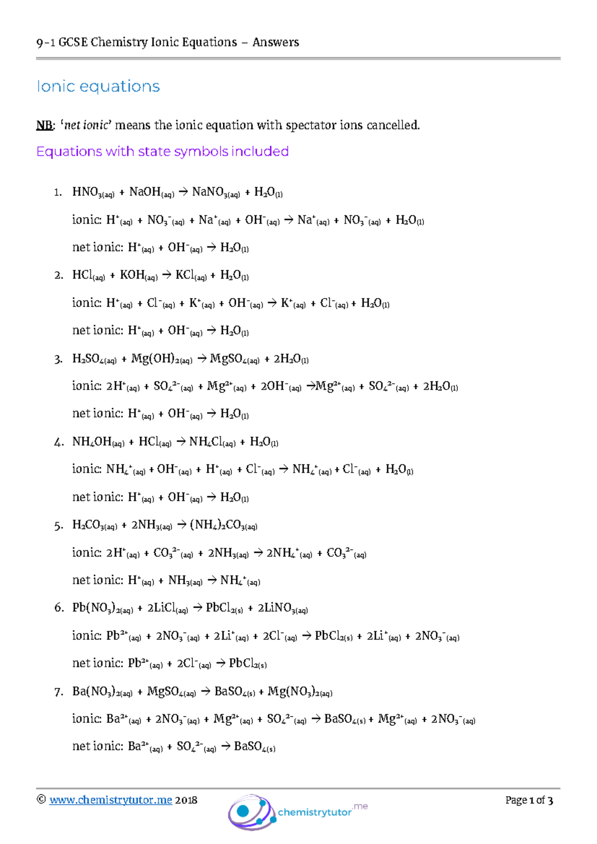 Writing ionic equations MS - 9 - 1 GCSE Chemistry Ionic Equations ...