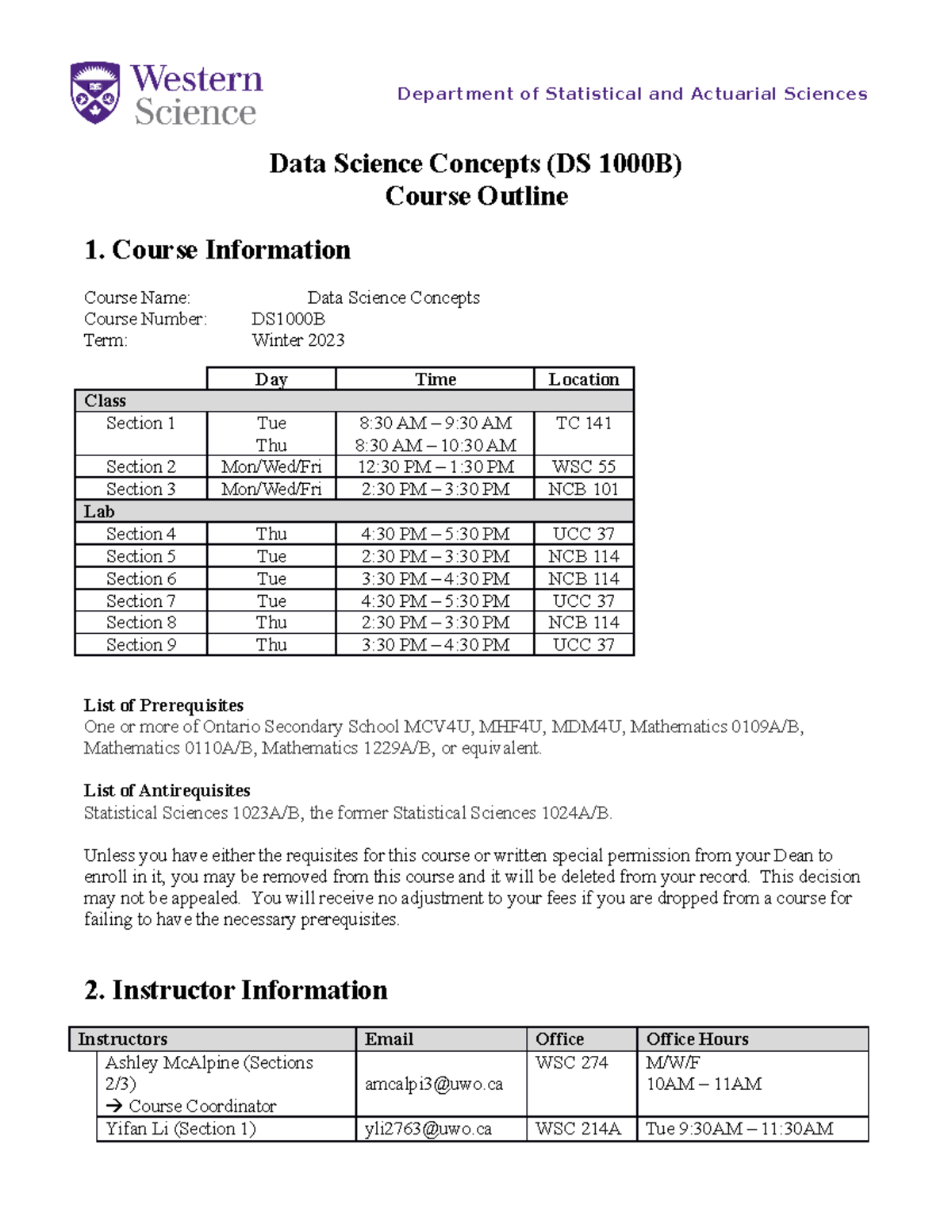 DS1000B - W2023 Course Outline - Department of Statistical and Actuarial Sciences Data Science ...