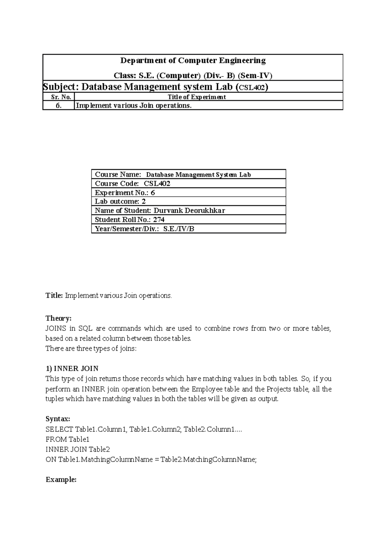 DBMS Practical 6 - Department of Computer Engineering Class: S ...