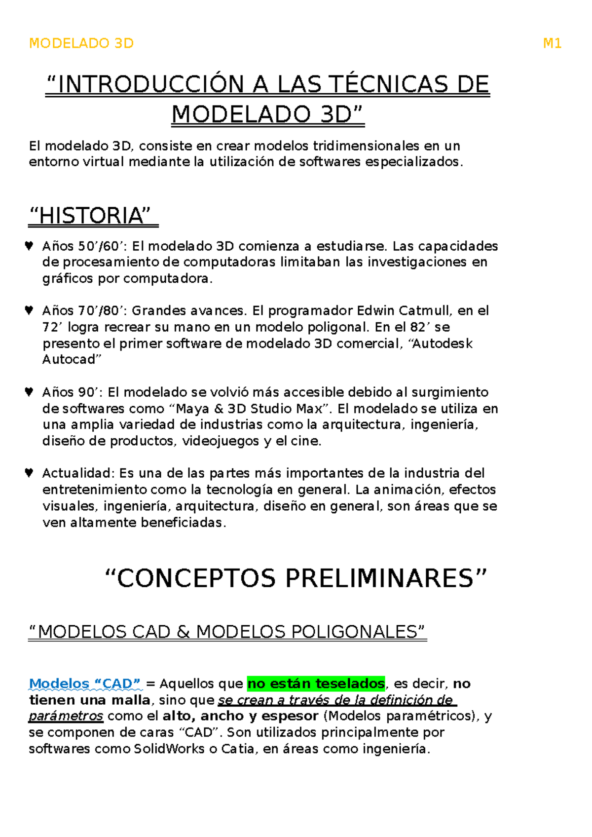 Modelado 3D - Resumen - M1 - “INTRODUCCIÓN A LAS TÉCNICAS DE MODELADO ...