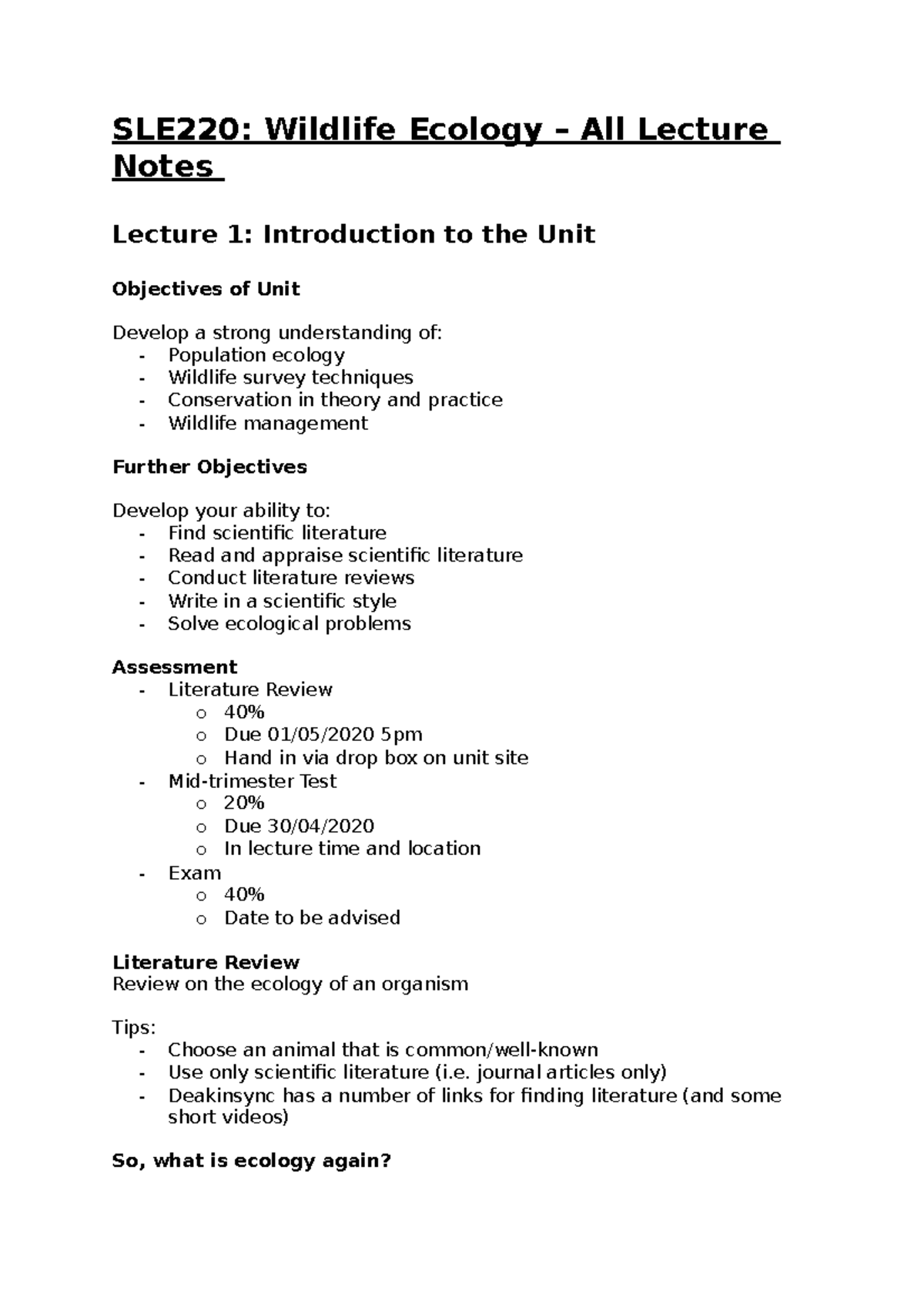 SLE220 Lectures 1 - 12 Condensed - SLE220: Wildlife Ecology – All ...