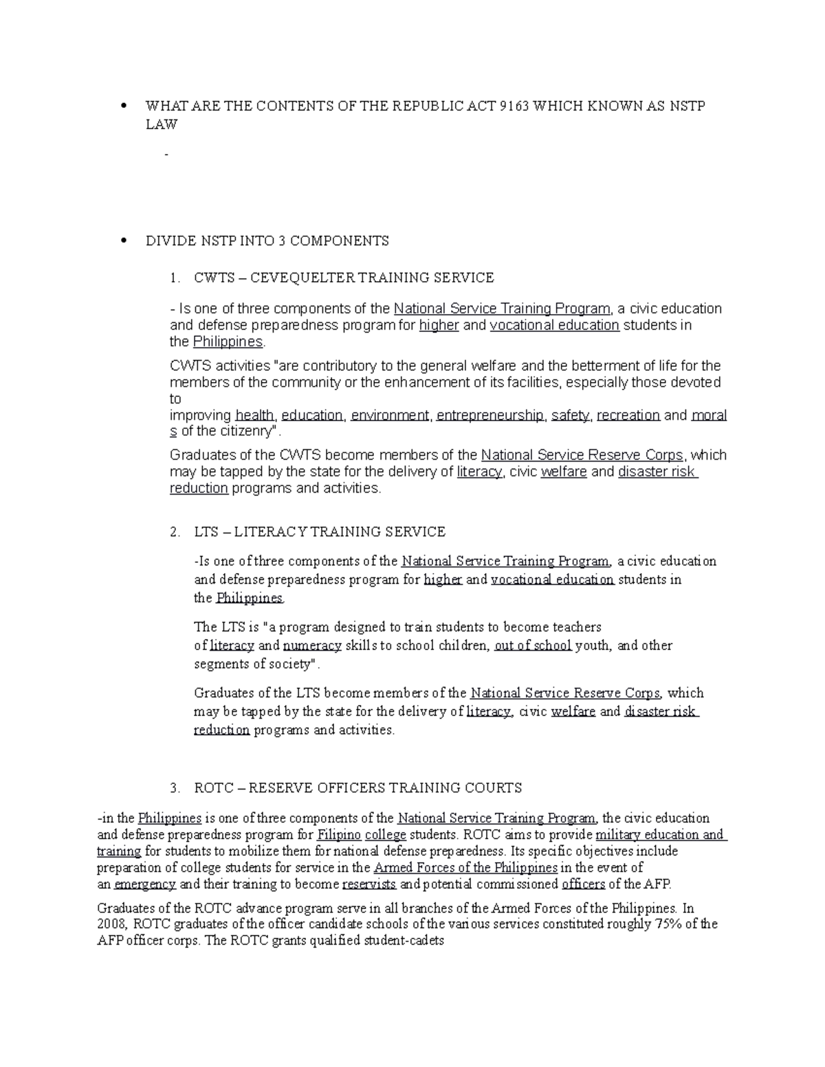 WHAT ARE THE Contents OF THE Republic ACT 9163 Which Known AS NSTP LAW ...