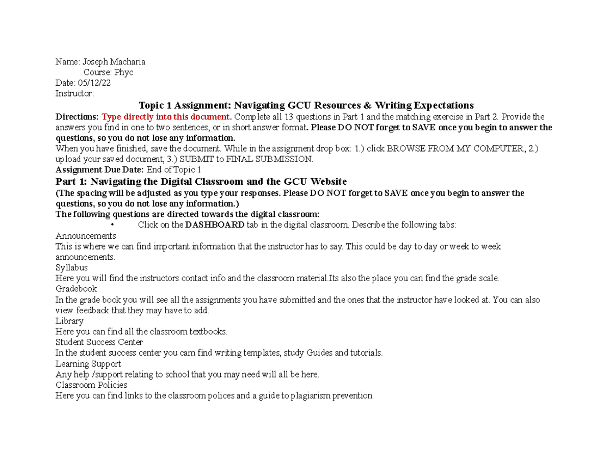 UNV 103 T1 Resources Worksheet Online - Name: Joseph Macharia Course ...