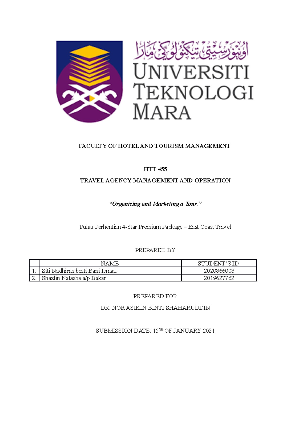 Written Report (Tour Package Proposal) - FACULTY OF HOTEL AND TOURISM ...