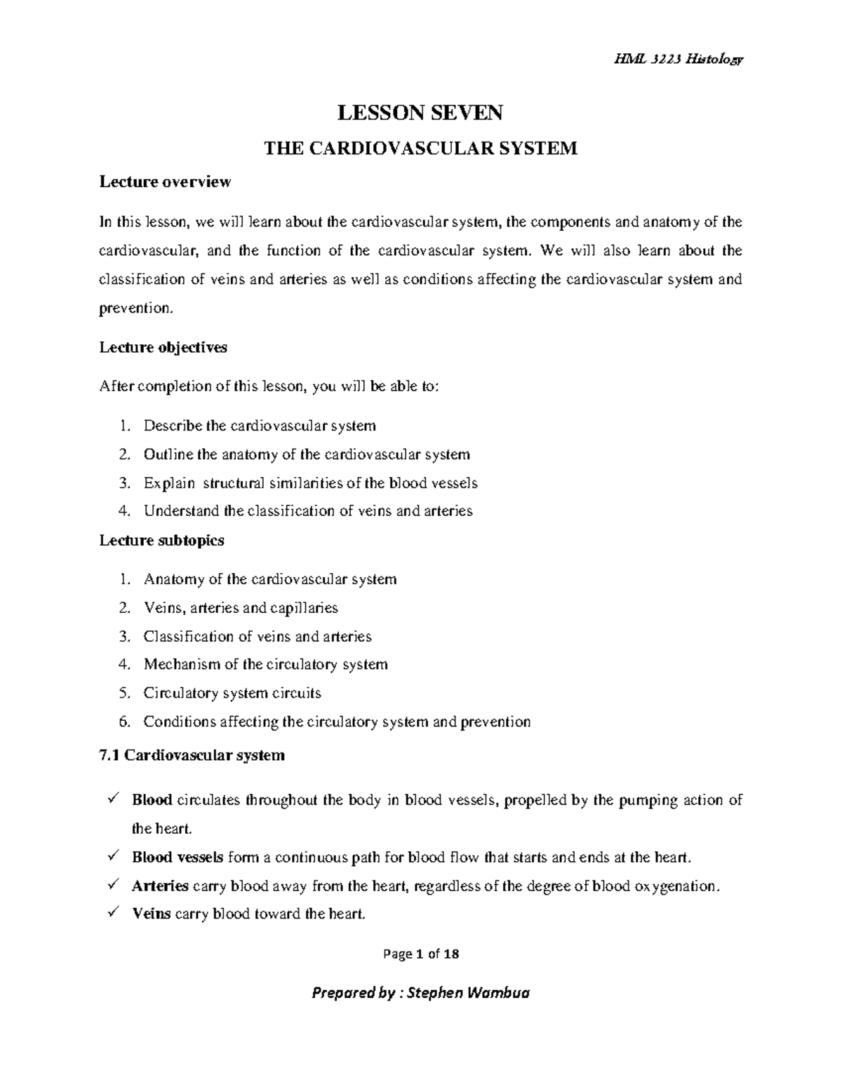 Lesson 7 Cardiovascular System - Page 1 of 18 LESSON SEVEN THE ...