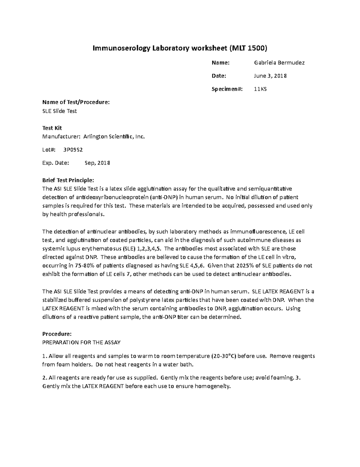 SLE report - Immunoserology Laboratory worksheet (MLT 1500) Name ...