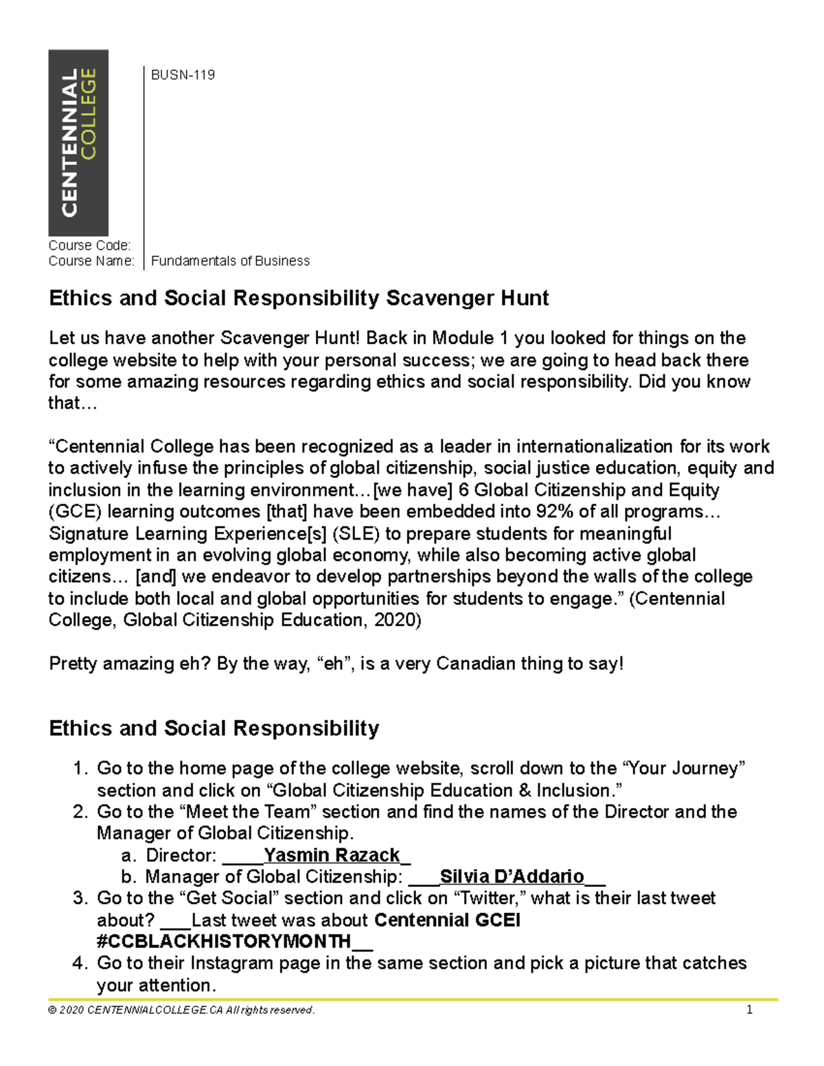 Scavenger Hunt Ethics and Social Responsibility - Course Code: BUSN ...