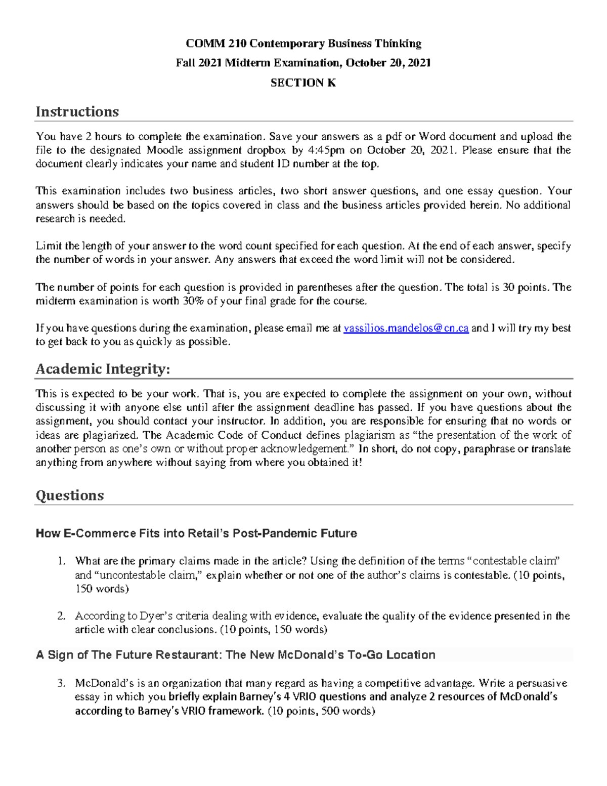 COMM 210 Midterm Section K Fall 2021 - COMM 210 Contemporary Business Thinking Fall 2021 Midterm ...