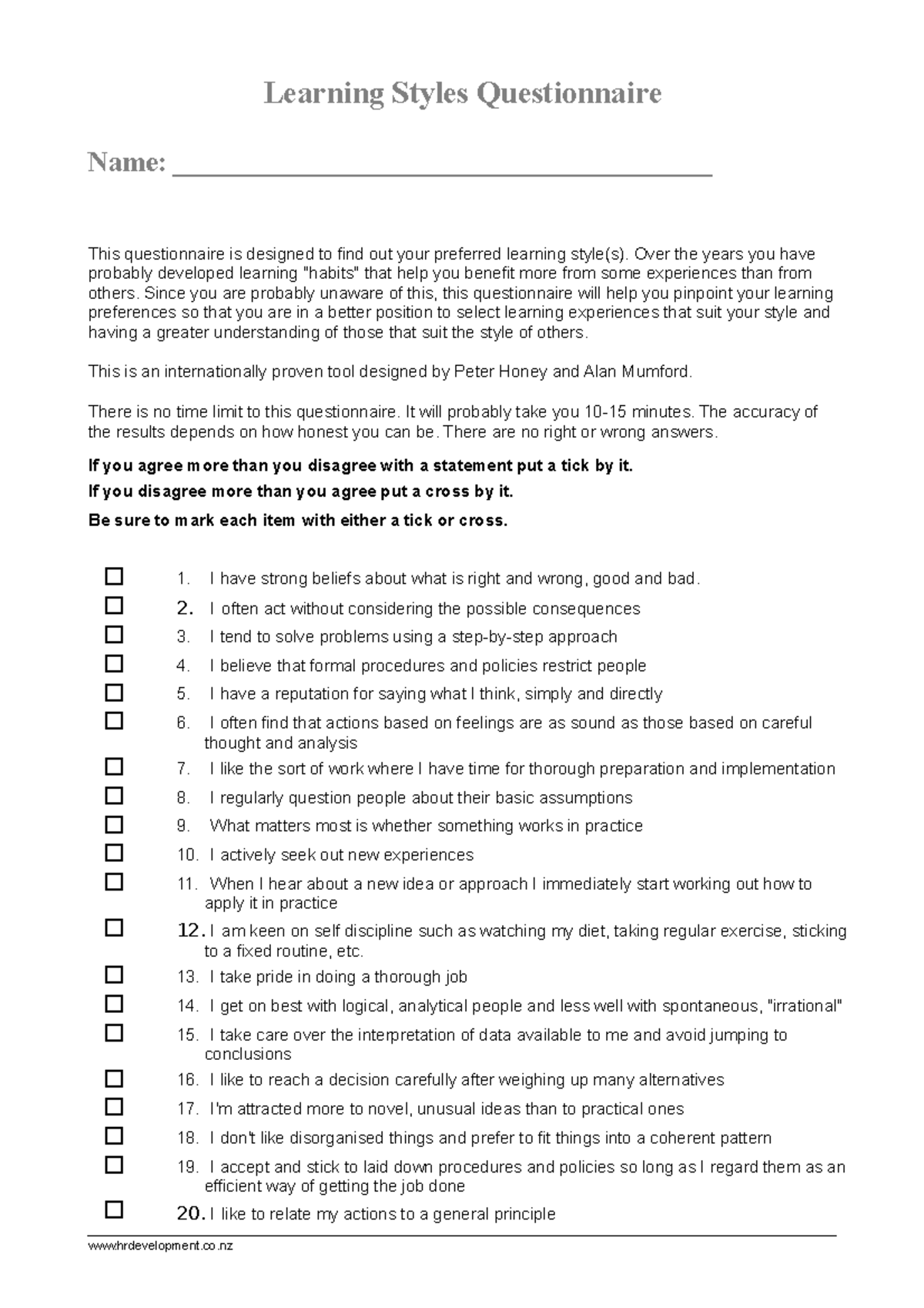 Learning styles questionnaire honey and mumford 11 - Learning Styles ...