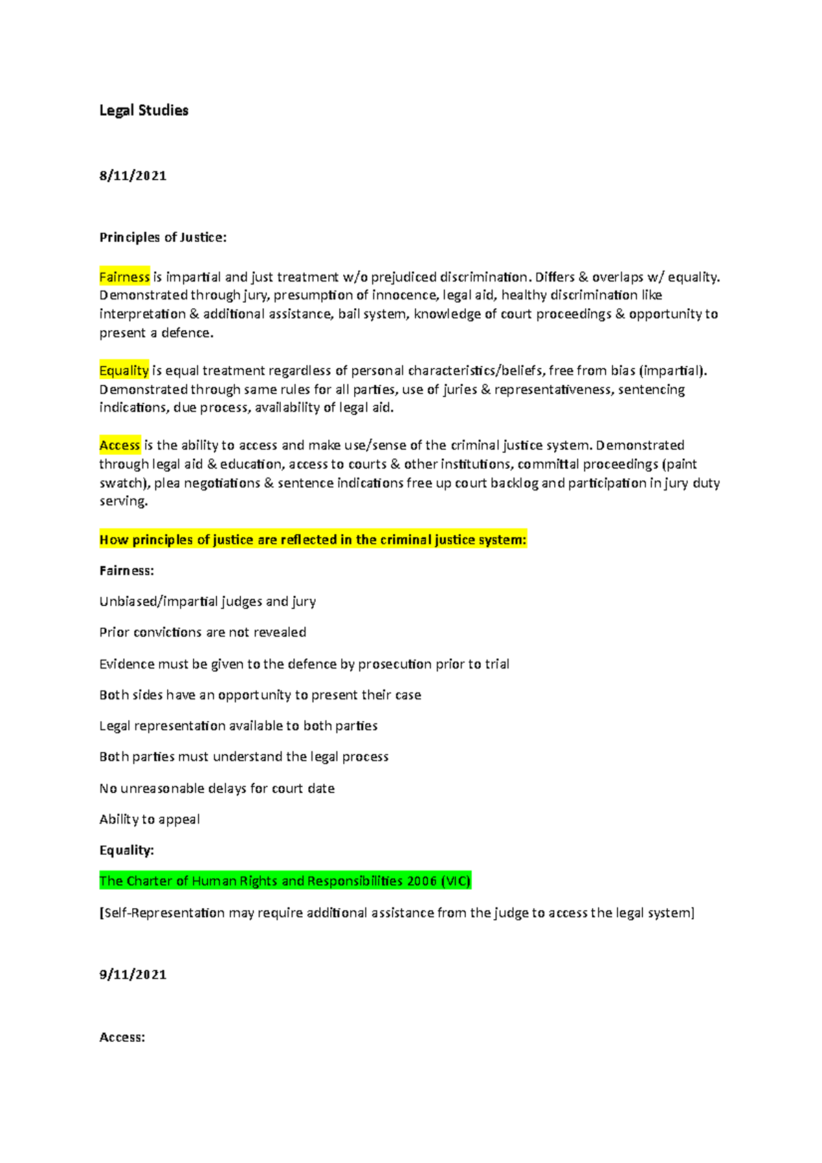 AOS1A notes - Legal Studies 8/11/ Principles of Justice: Fairness is ...