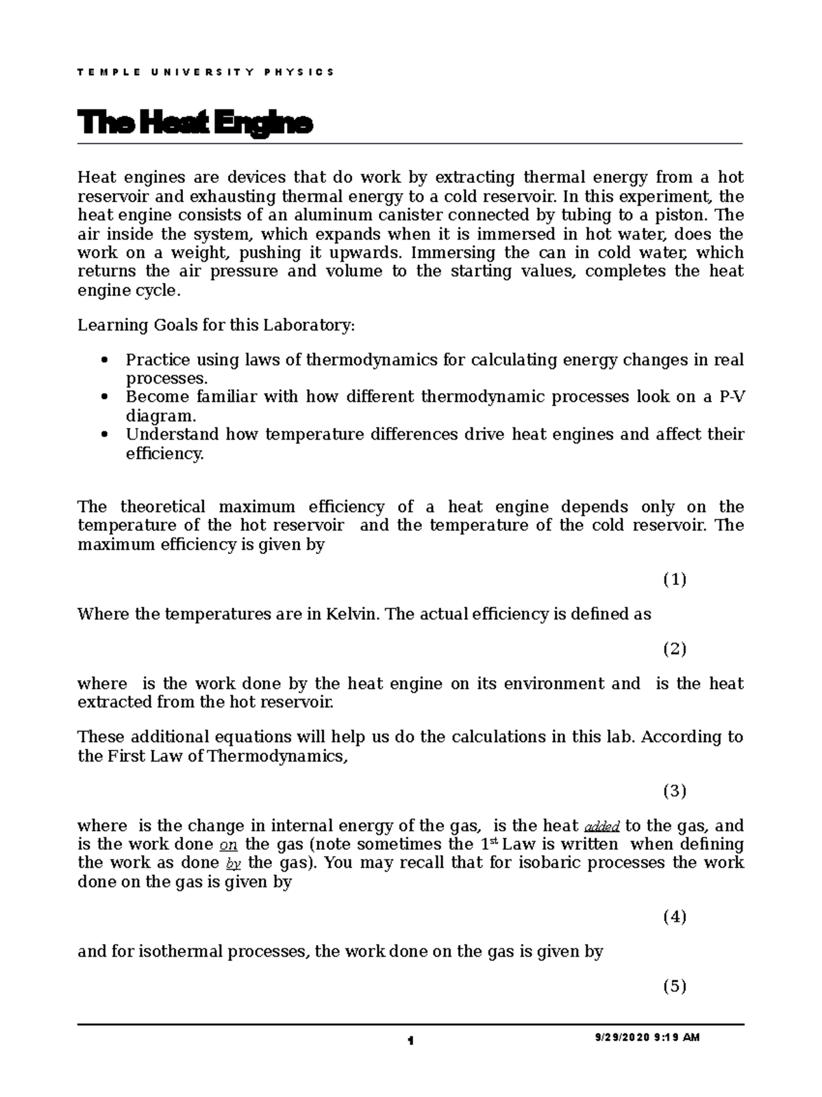 The Heat Engine (calc) - The Heat Engine Heat engines are devices that ...