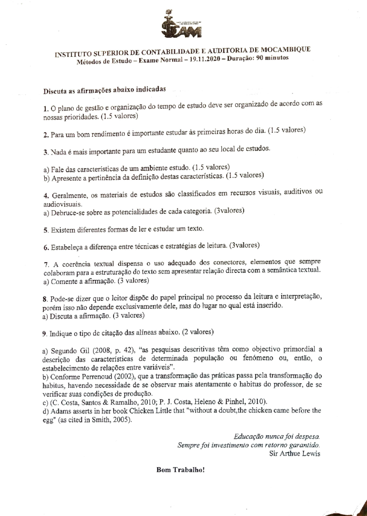 Exames 2020 - Iscam - Hejesj - AM INSTITUTO SUPERIOR DE cONTABILIDADE E ...