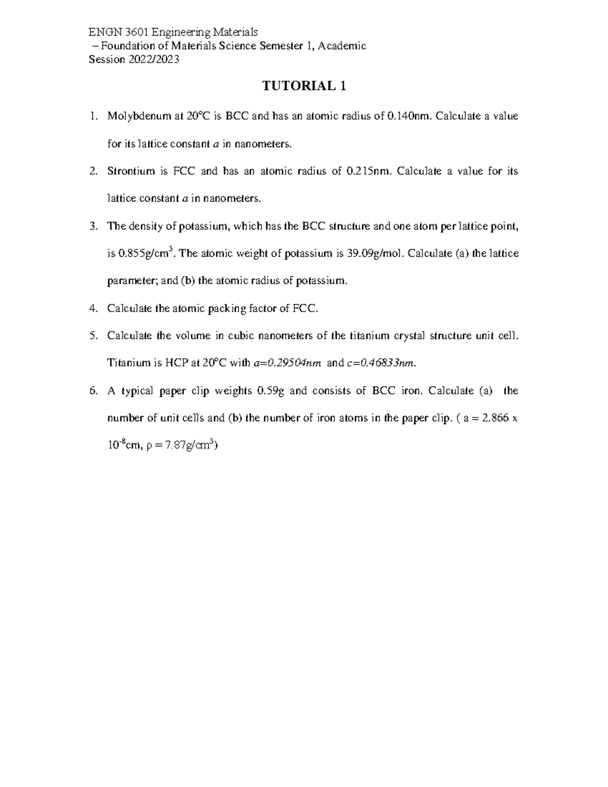 Tutorial 1 Basics of Engineering Materials - ENGN 3601 Engineering Materials Session 20 ...
