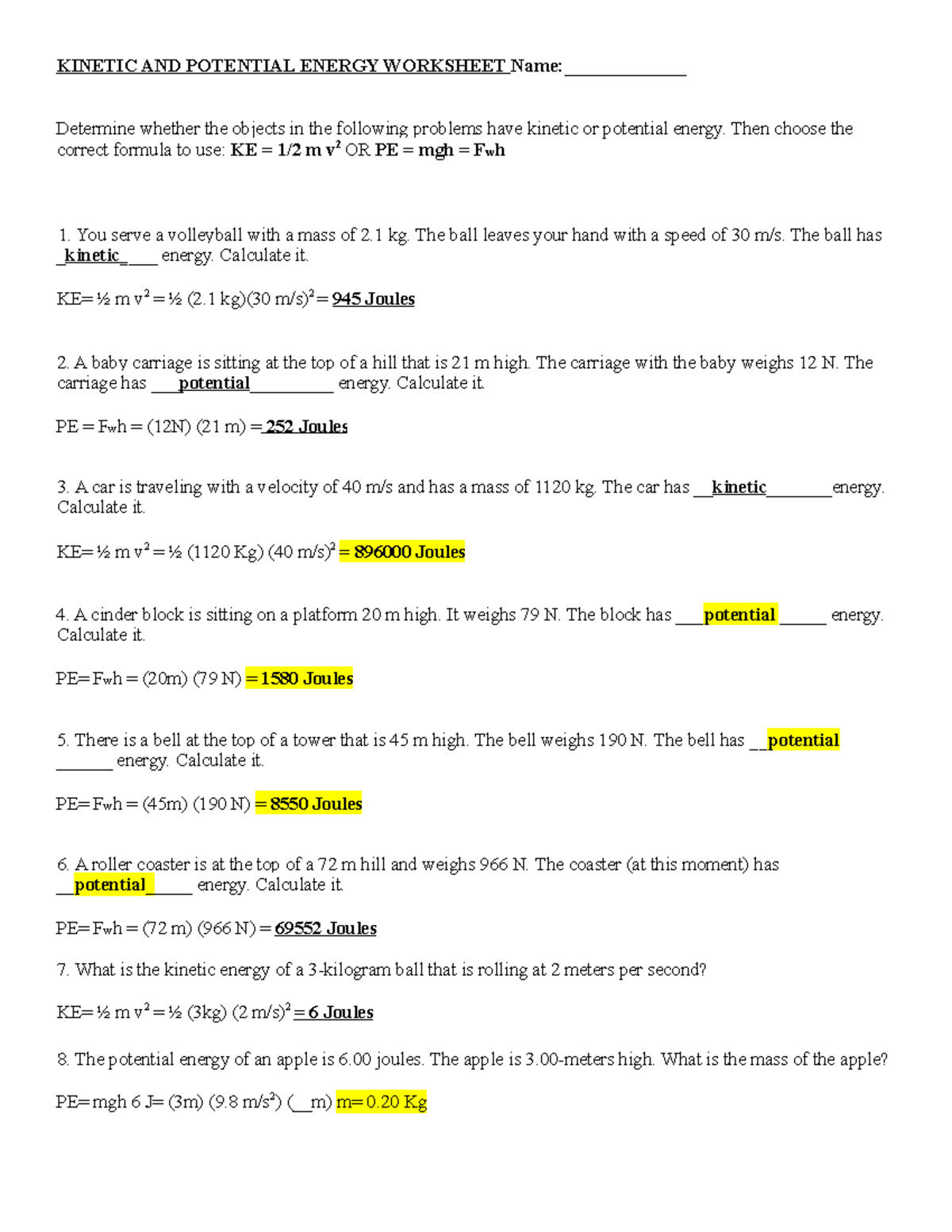 Honors physics kinetic and potenial energy worksheet key - KINETIC AND ...