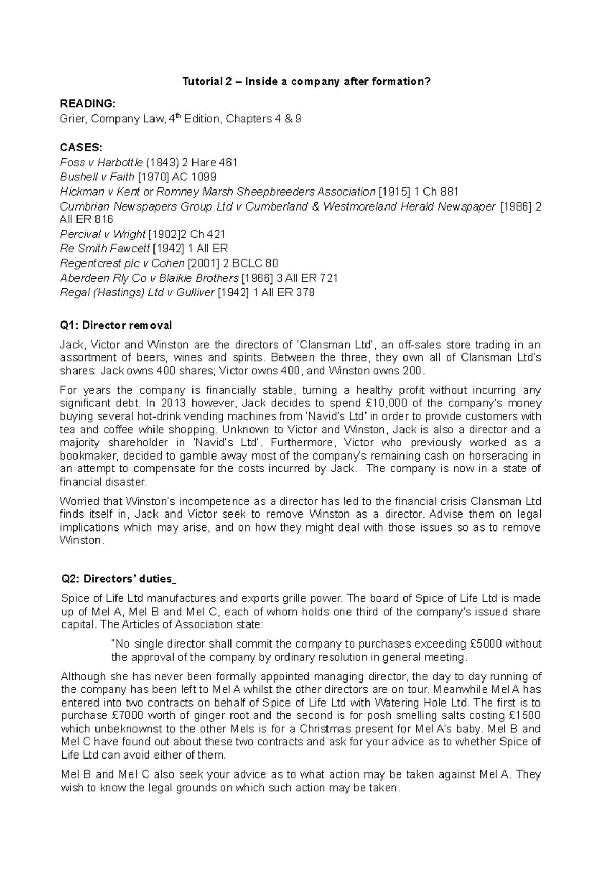 Commercial Law 2016-17 - Tutorial Two - Inside a company after ...