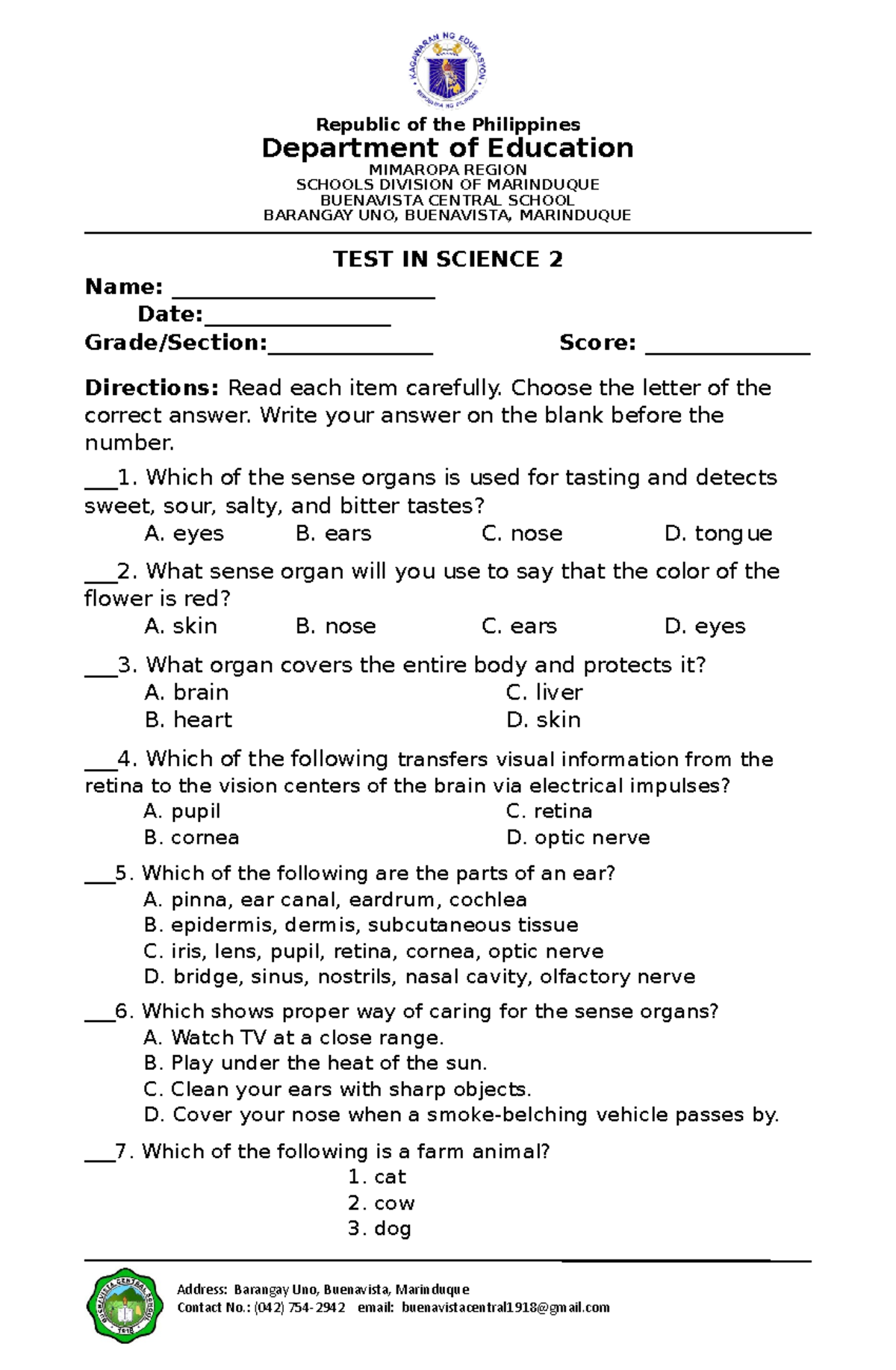 TEST IN Science 2 - test used for SSES applicants - TEST IN SCIENCE 2 ...