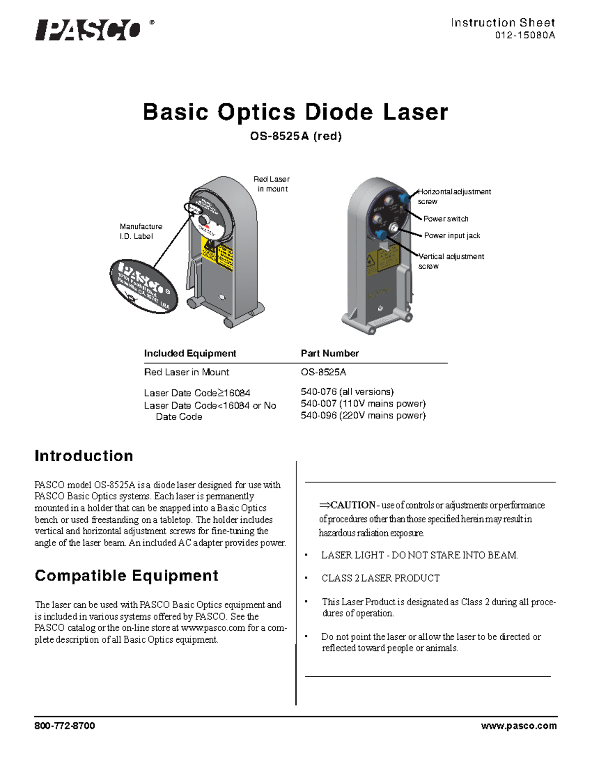 Basic Optics Diode Red Laser Manual OS 8525A - Instruction Sheet 012 ...