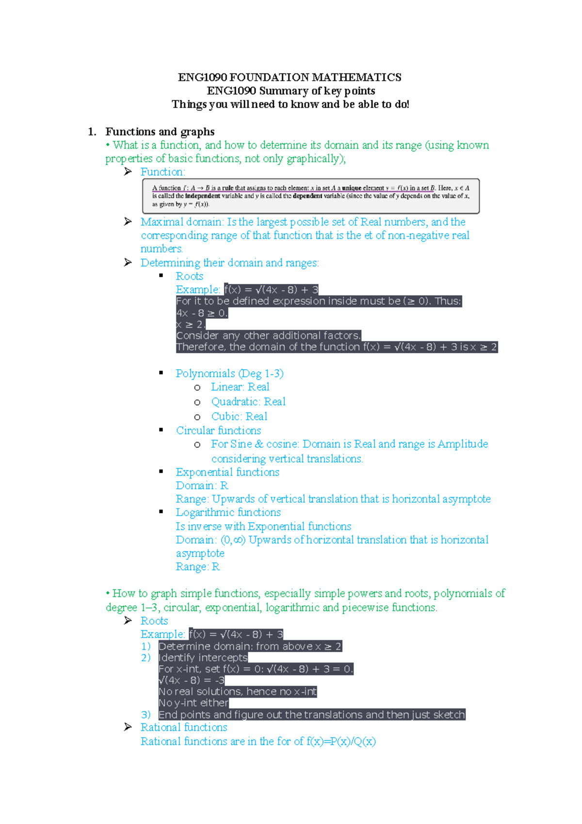 Summary list ENG1090 - ENG1090 FOUNDATION MATHEMATICS ENG1090 Summary ...