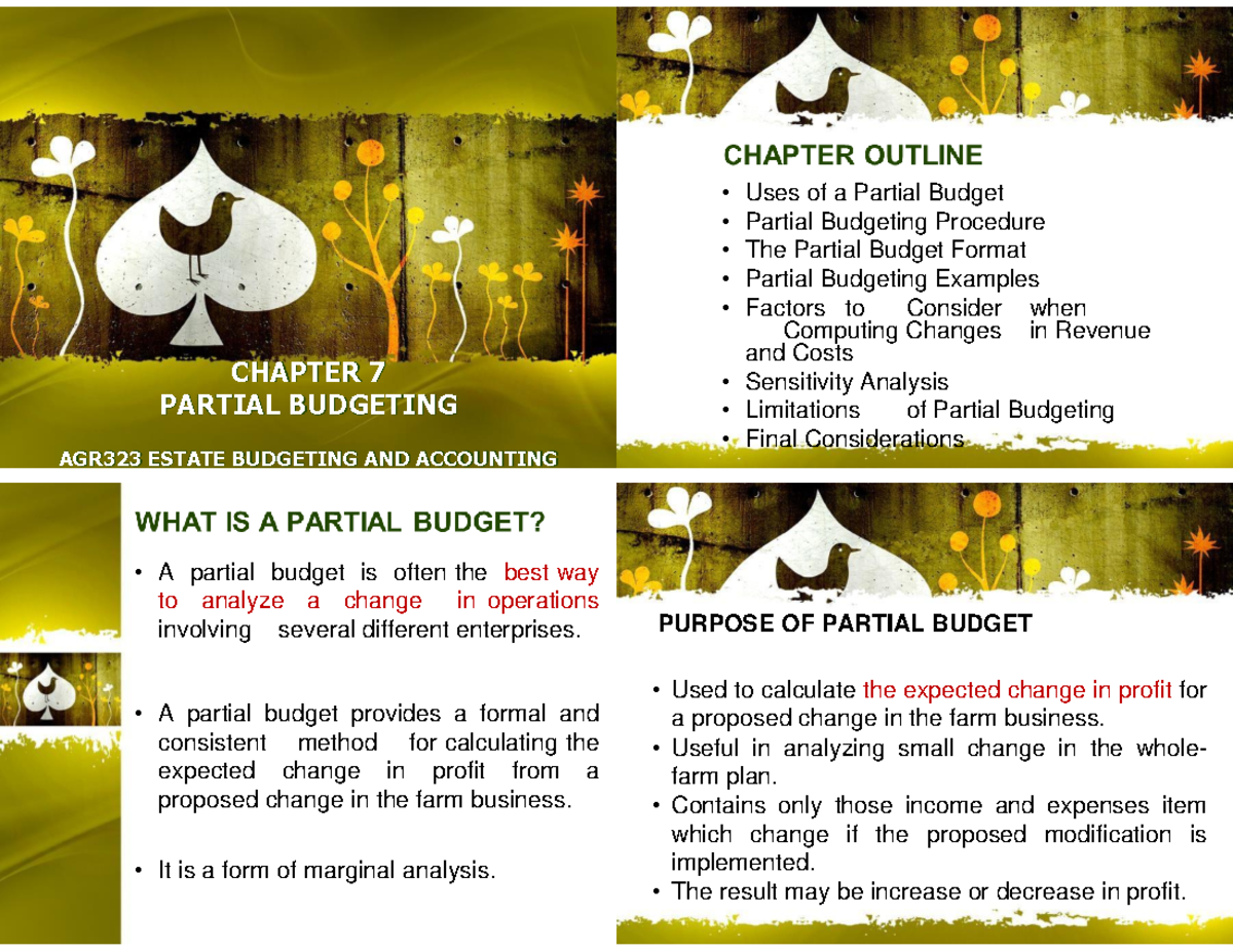 Chapter 7 Partial Budgeting 2 CHAPTER 7 PARTIAL BUDGETING AGR323