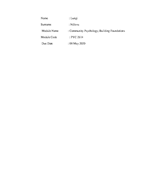 PYC2614 EXAM Papers - 2 PYC2614 May/June 2020 exam Question 1 The aim of the module "Community ...