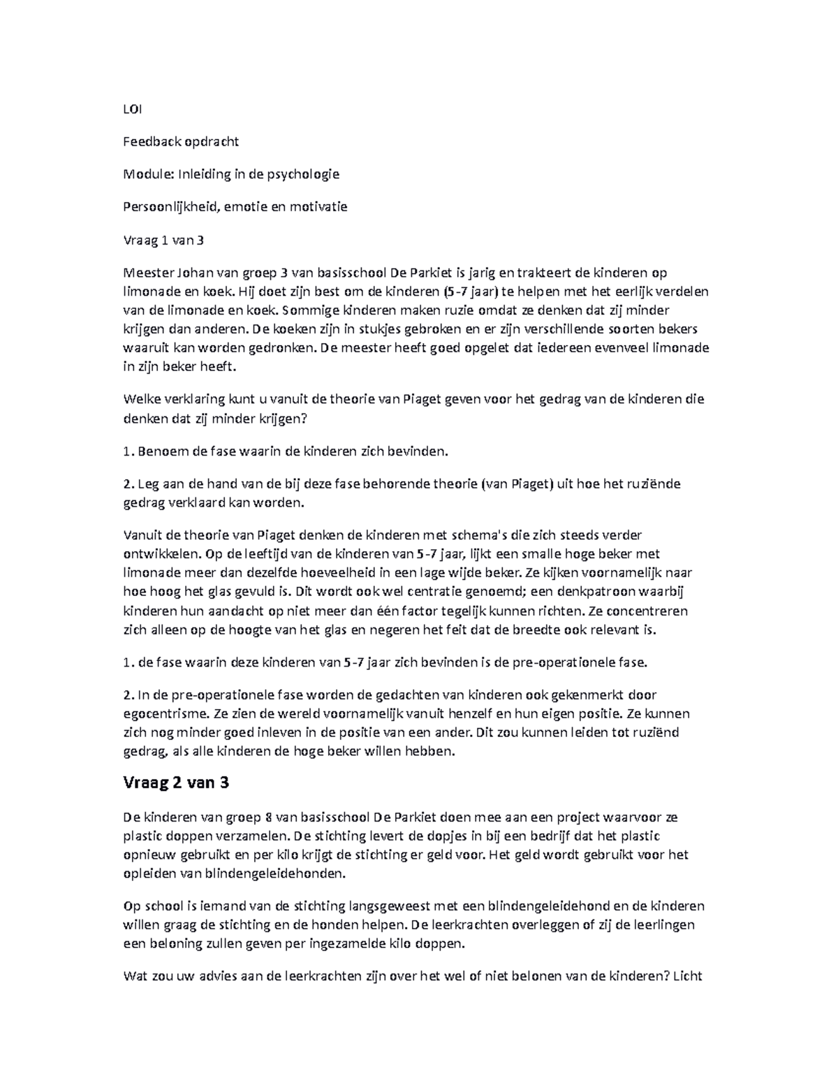 Feedback persoonlijkheid, emotie en motivatie - LOI Feedback opdracht ...