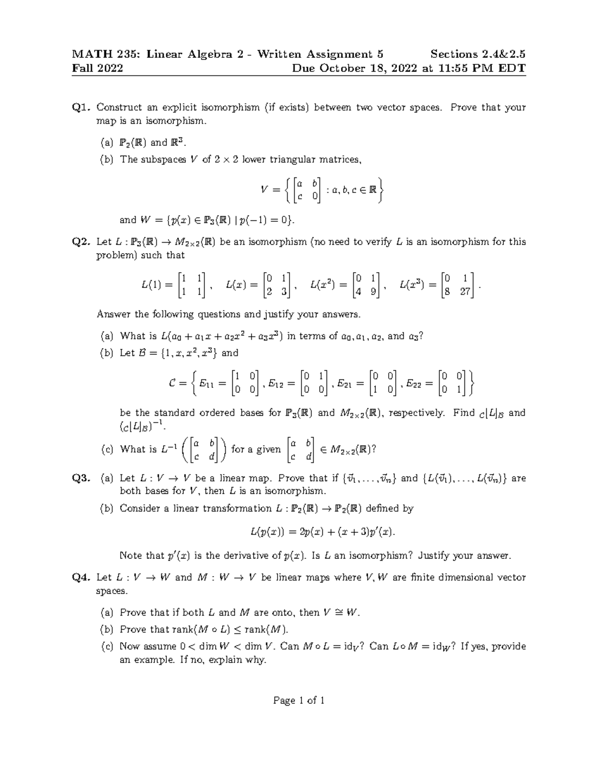 WA05 - wriiten assignment - MATH 235: Linear Algebra 2 - Written ...