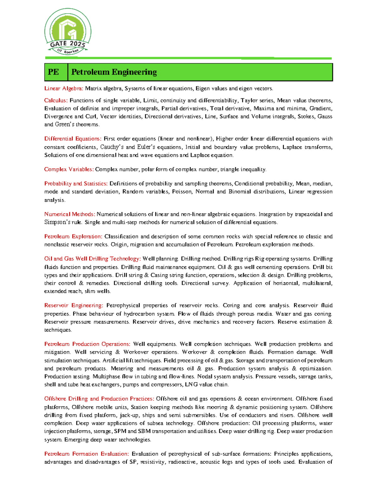 GATE PE 2025 Syllabus - Previous year paper - PE Petroleum Engineering ...