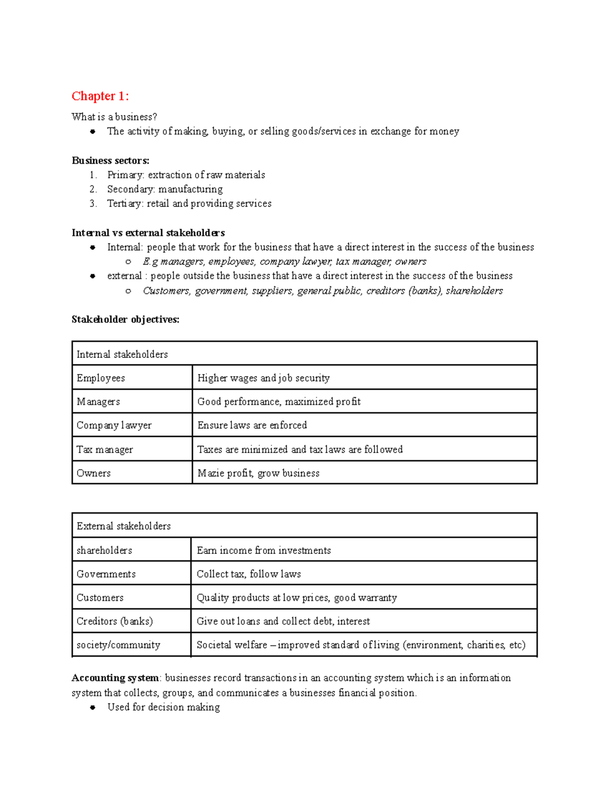 ACC100 Notes (U1-3) Superquiz - Chapter 1: What is a business? The ...
