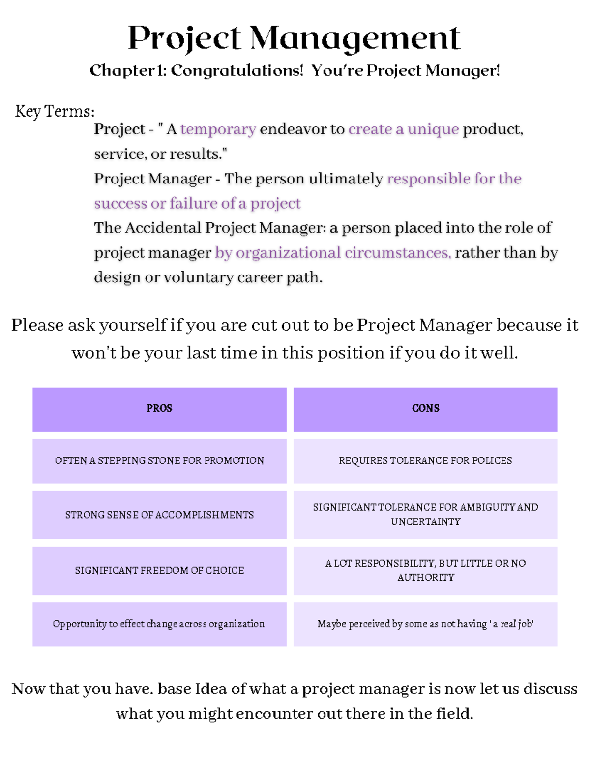 Project Management Chapter 1 - Key Terms: PROS CONS OFTEN A STEPPING ...