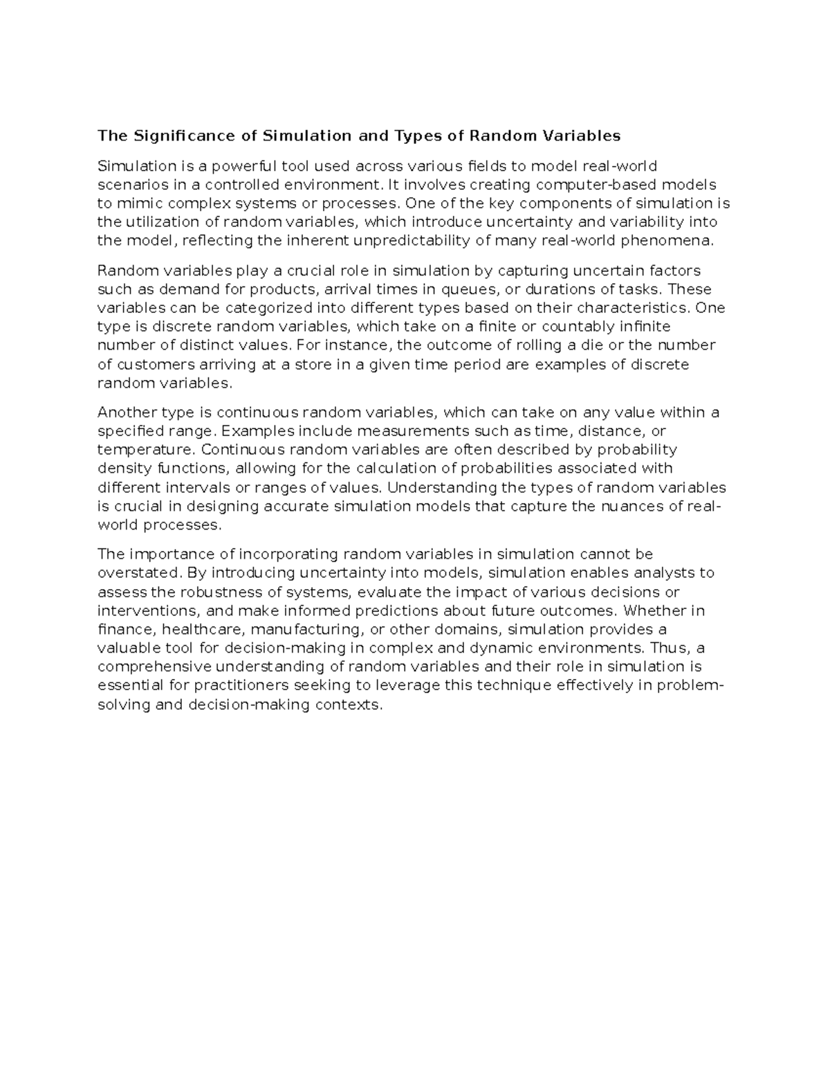 Significance of Random Varialbes in Simulation - The Significance of ...