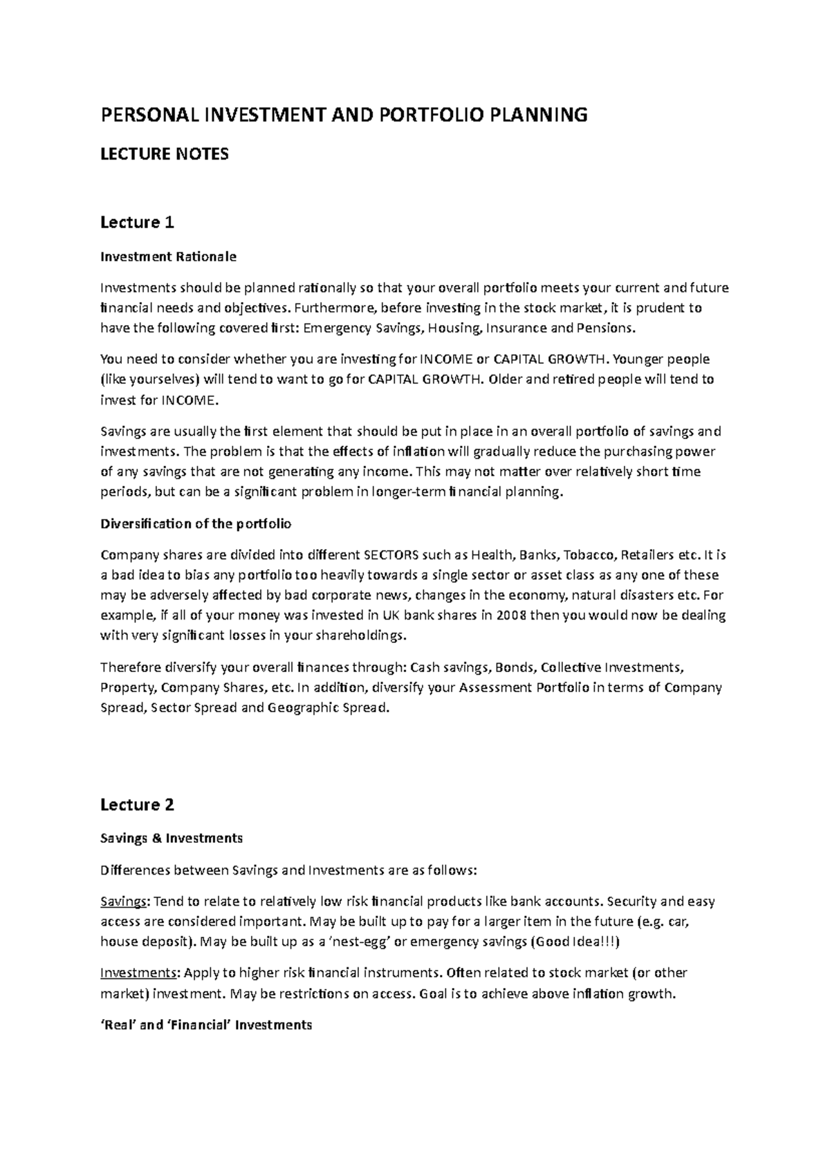 Personal Investment and Portfolio Planning lectures - PERSONAL ...