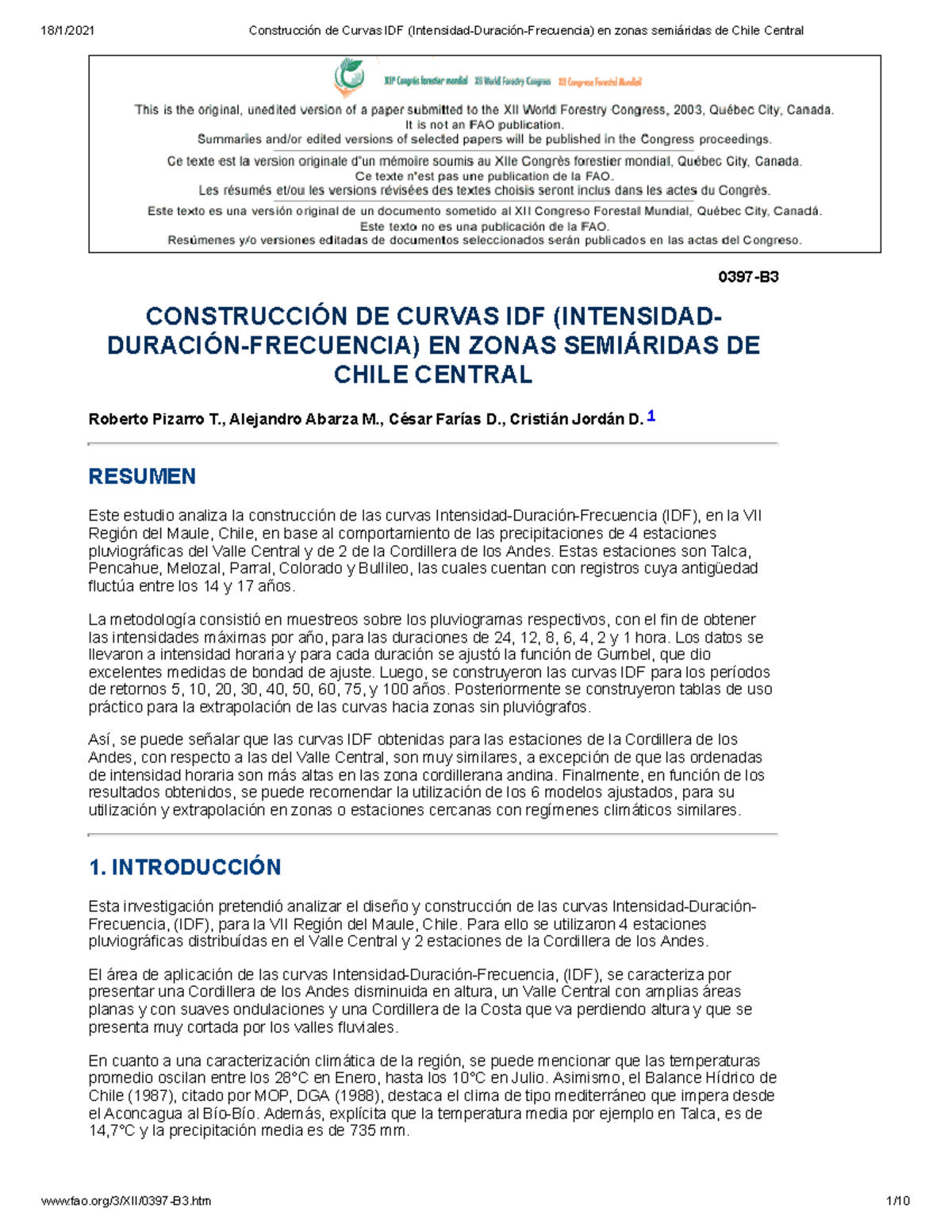 Construcción de Curvas IDF (Intensidad-Duración-Frecuencia) en zonas semiáridas de Chile Central ...
