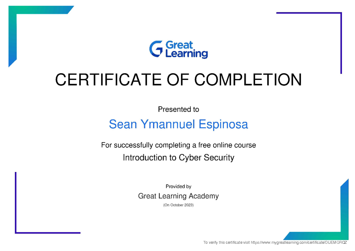 Completing Introduction to Cyber Security - English - Great Learning ...