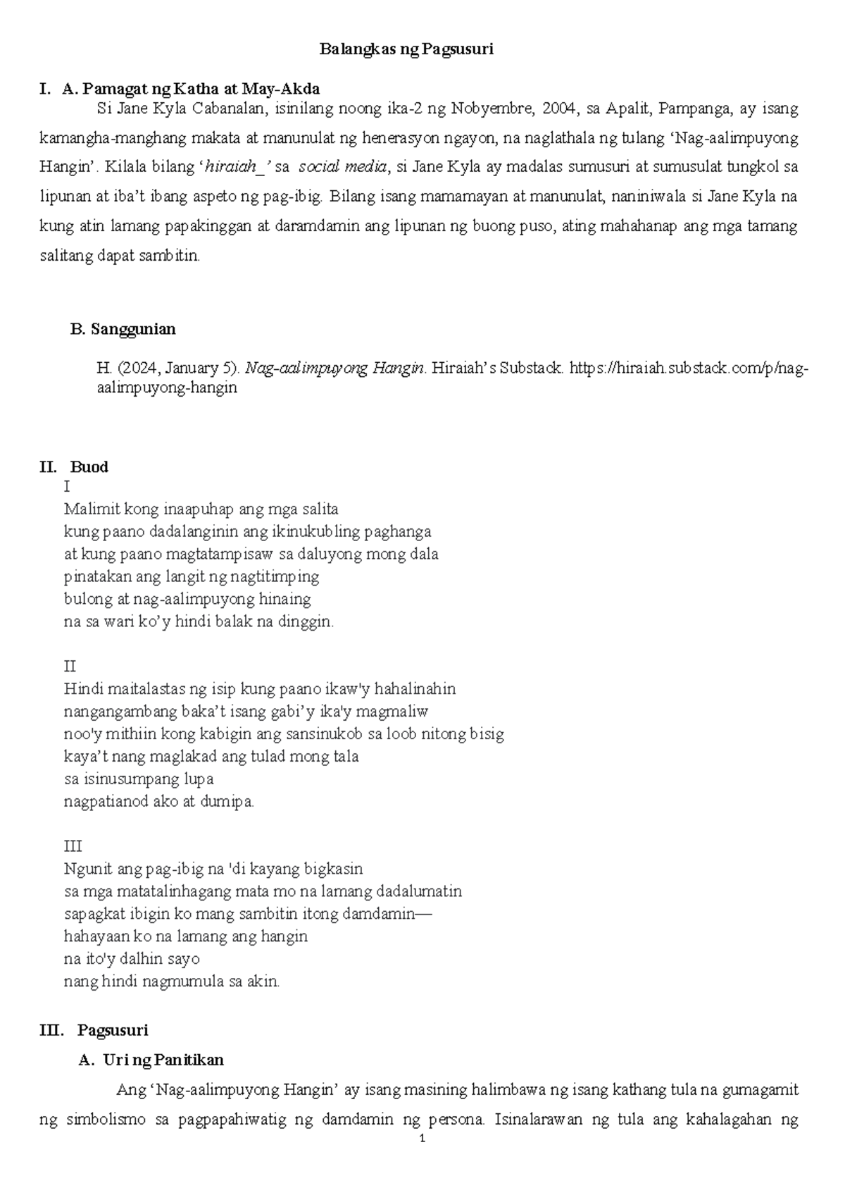 Balangkas NG Pagsusuri - Balangkas ng Pagsusuri I. A. Pamagat ng Katha ...