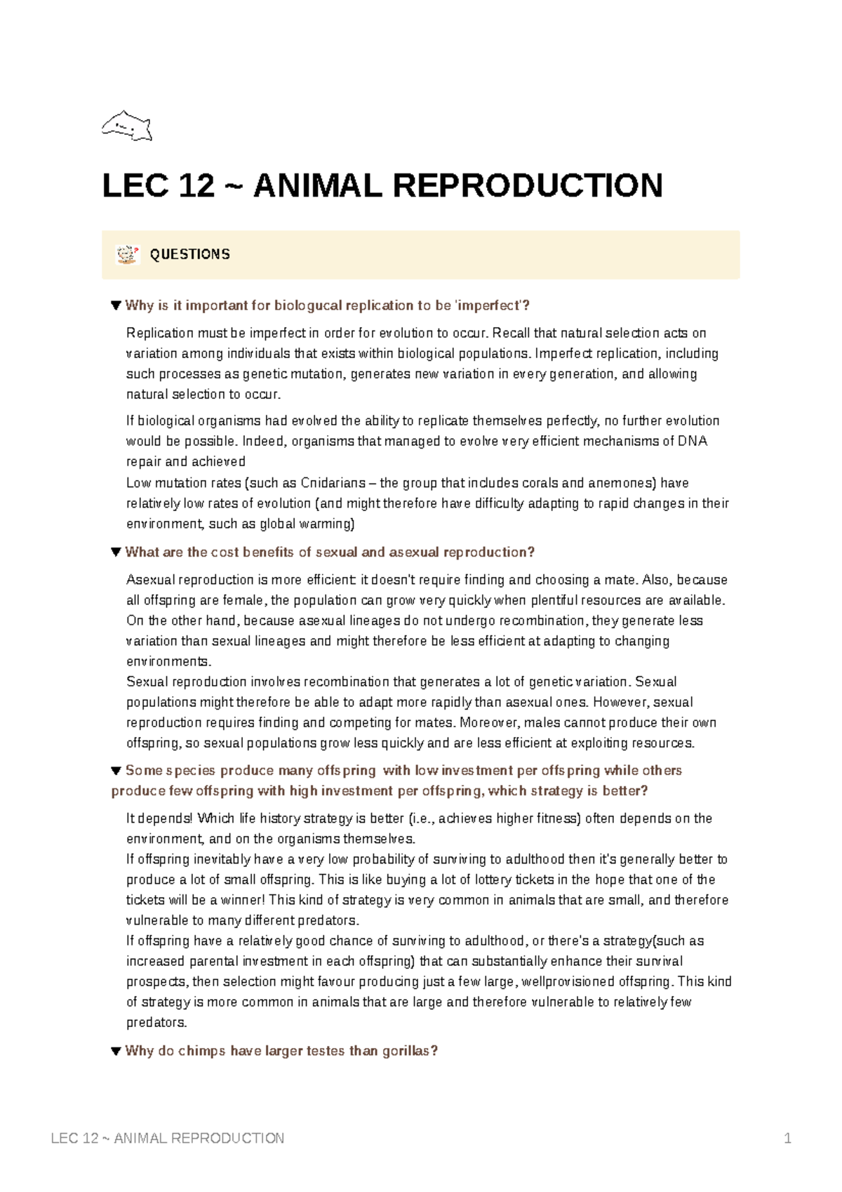 LEC 12 Animal Reproduction - LEC 12 ~ ANIMAL REPRODUCTION QUESTIONS Why ...