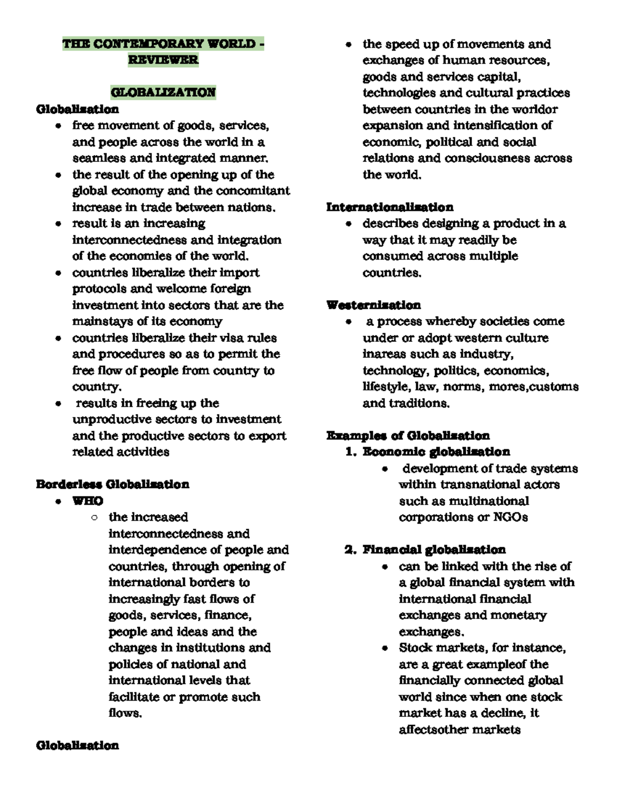 CW - Reviewer - THE CONTEMPORARY WORLD - REVIEWER GLOBALIZATION ...