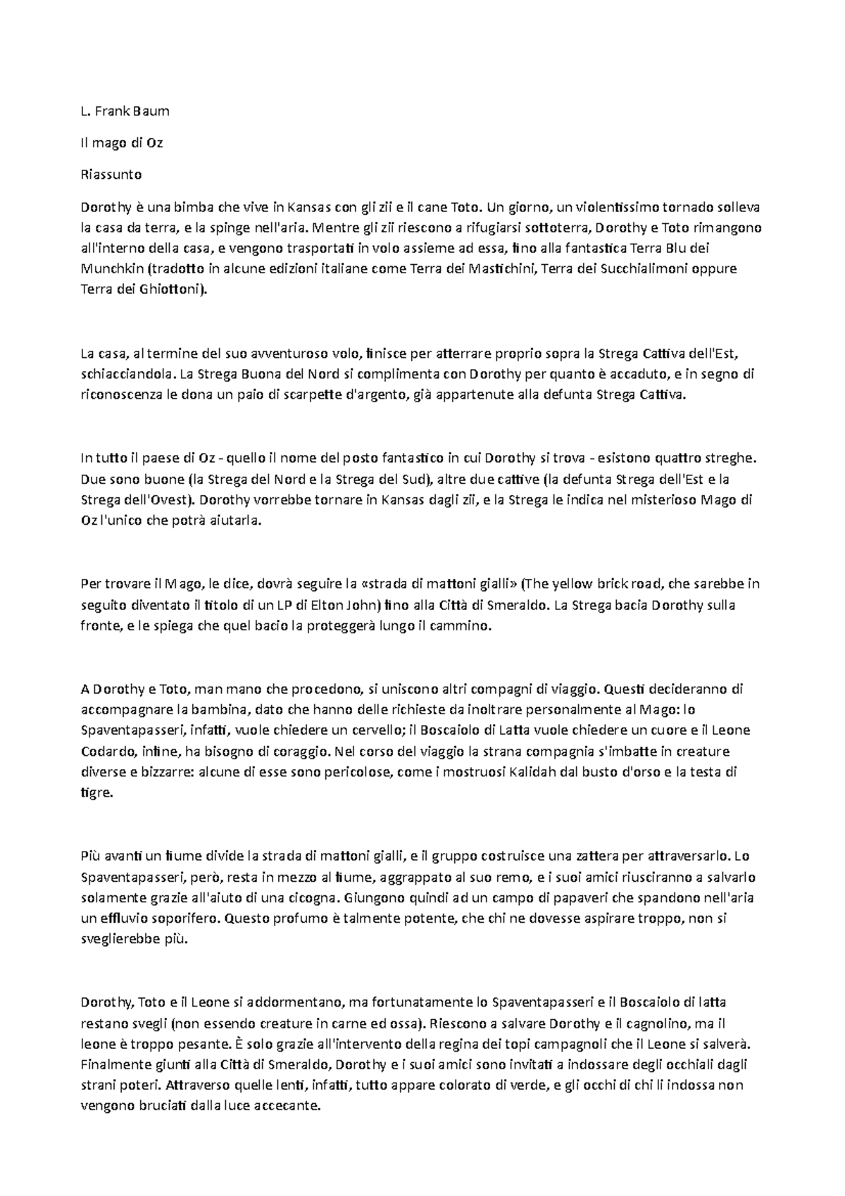 L. Frank Baum - il mago di OZ - riassunto - L. Frank Baum Il mago di Oz ...