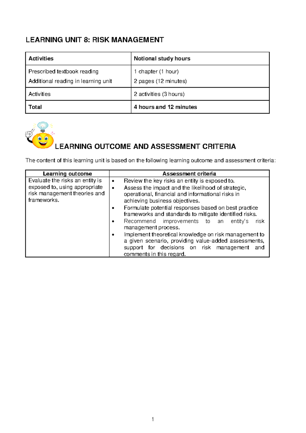 Learning UNIT 8 RISK Management - LEARNING UNIT 8 : RISK MANAGEMENT ...