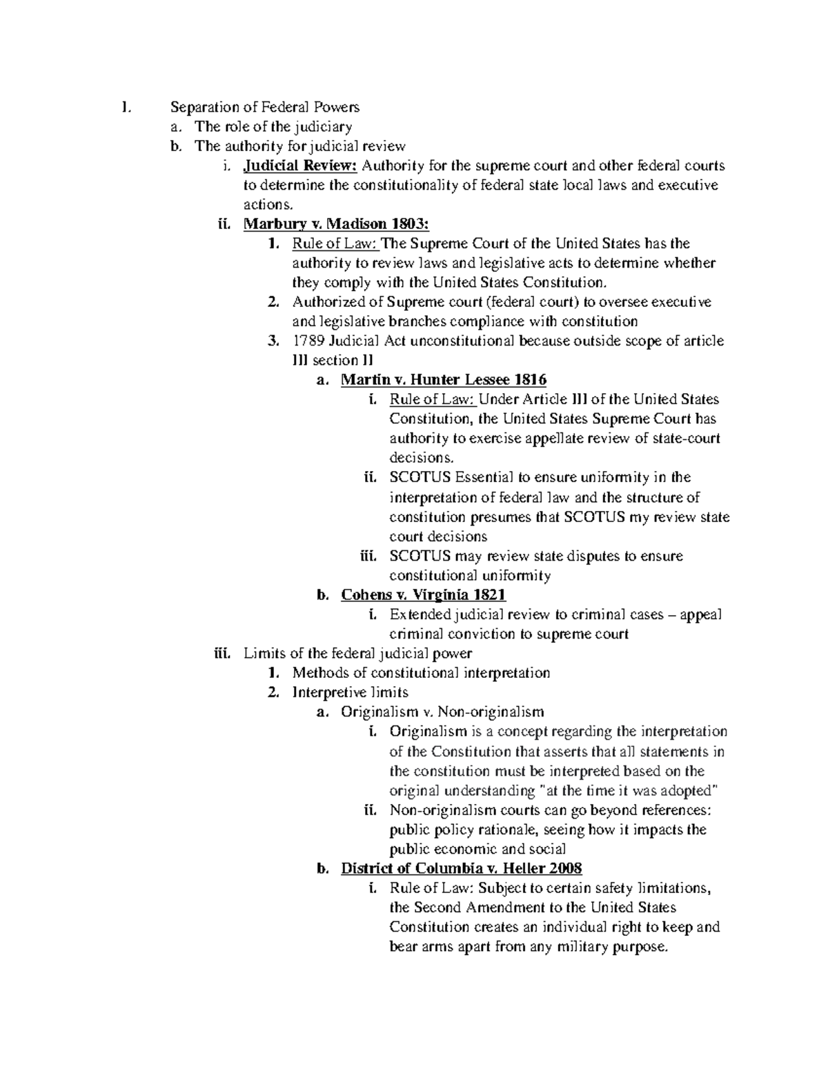Constitutional Law Outline Final Version - I. Separation of Federal ...