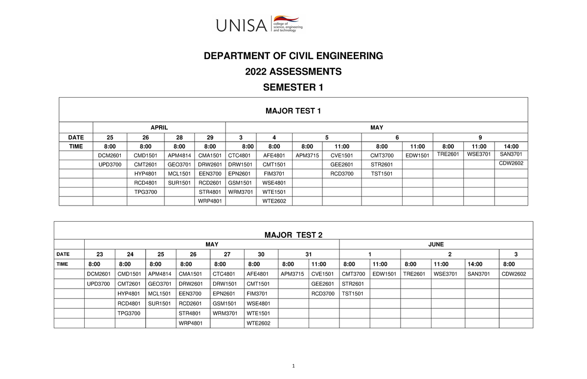Official Timetable - Civil ENG Semester 1 2022-1 - DEPARTMENT OF CIVIL ENGINEERING - **SEMESTER ...
