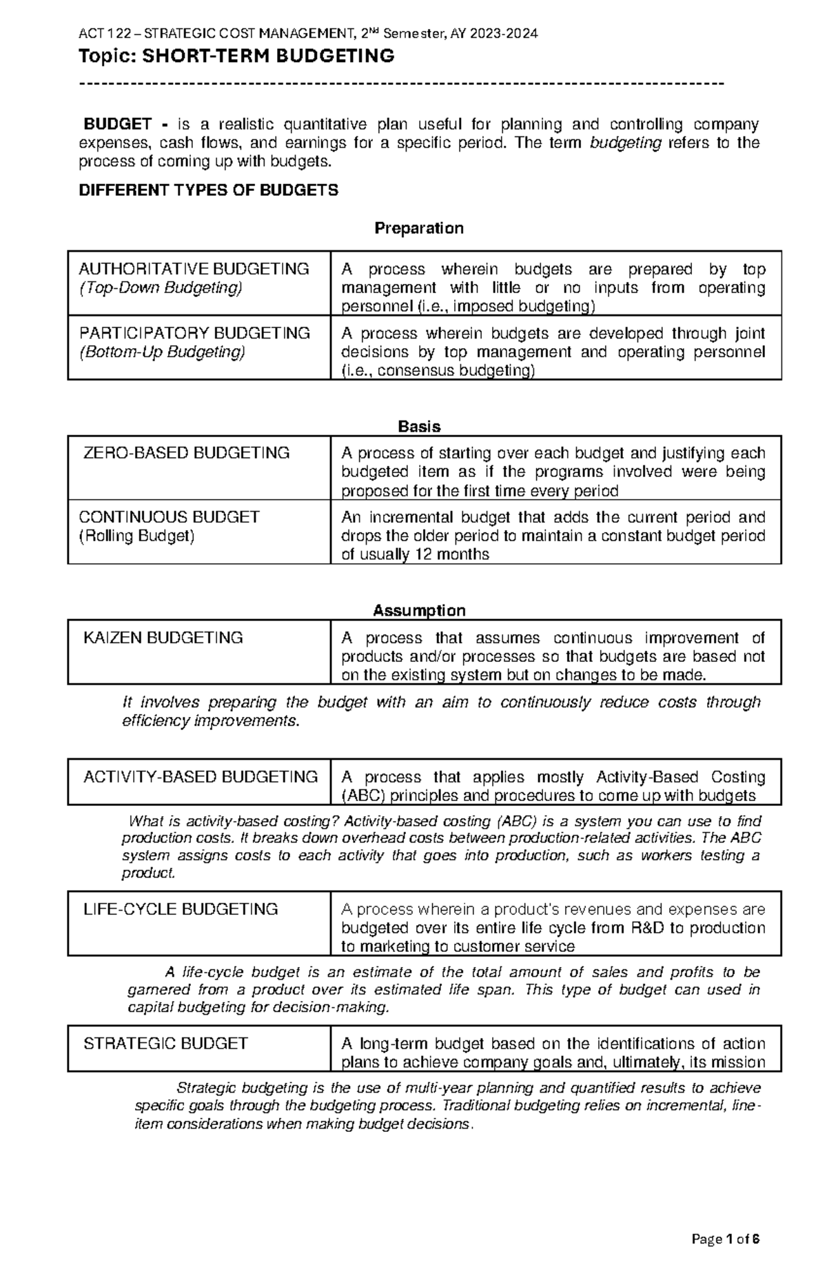 ACT-122-Material 084049 - Topic: SHORT-TERM BUDGETING - BUDGET - is a realistic quantitative ...