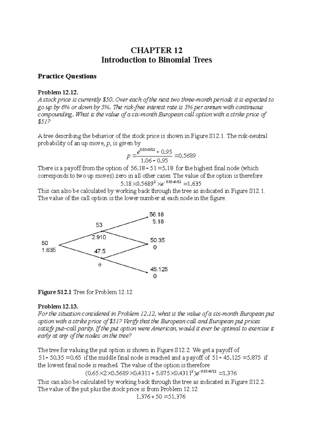 FINS3635 - CHAPTER 12 Introduction to Binomial Trees Practice Questions Problem 12. A stock ...