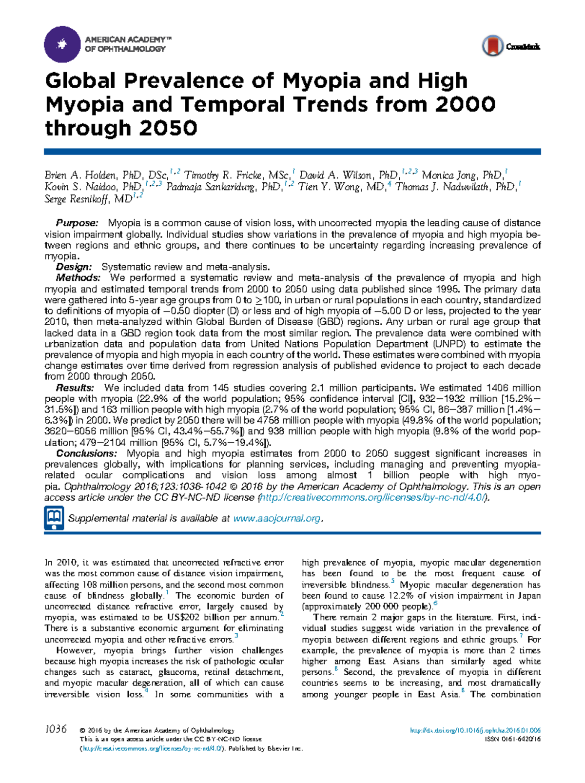 Global Prevalence of Myopia and High - Holden, PhD, DSc, 1 , 2 Timothy ...