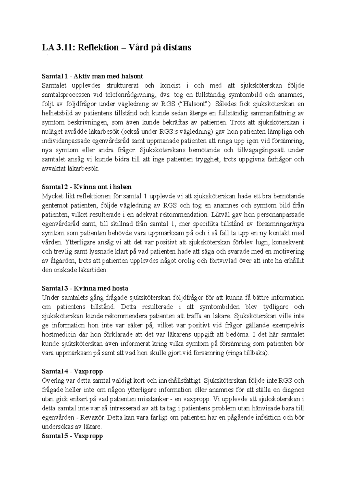 Reflektion Vård på distans (RGS) - LA 3: Reflektion – Vård på distans ...